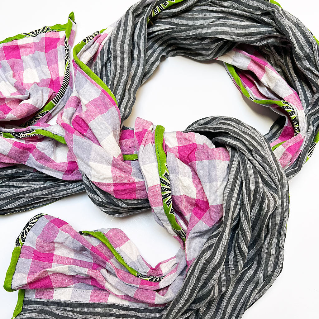 Pink/Grey Large Check & Grey Stripe Wide Scarf – PATCH NYC