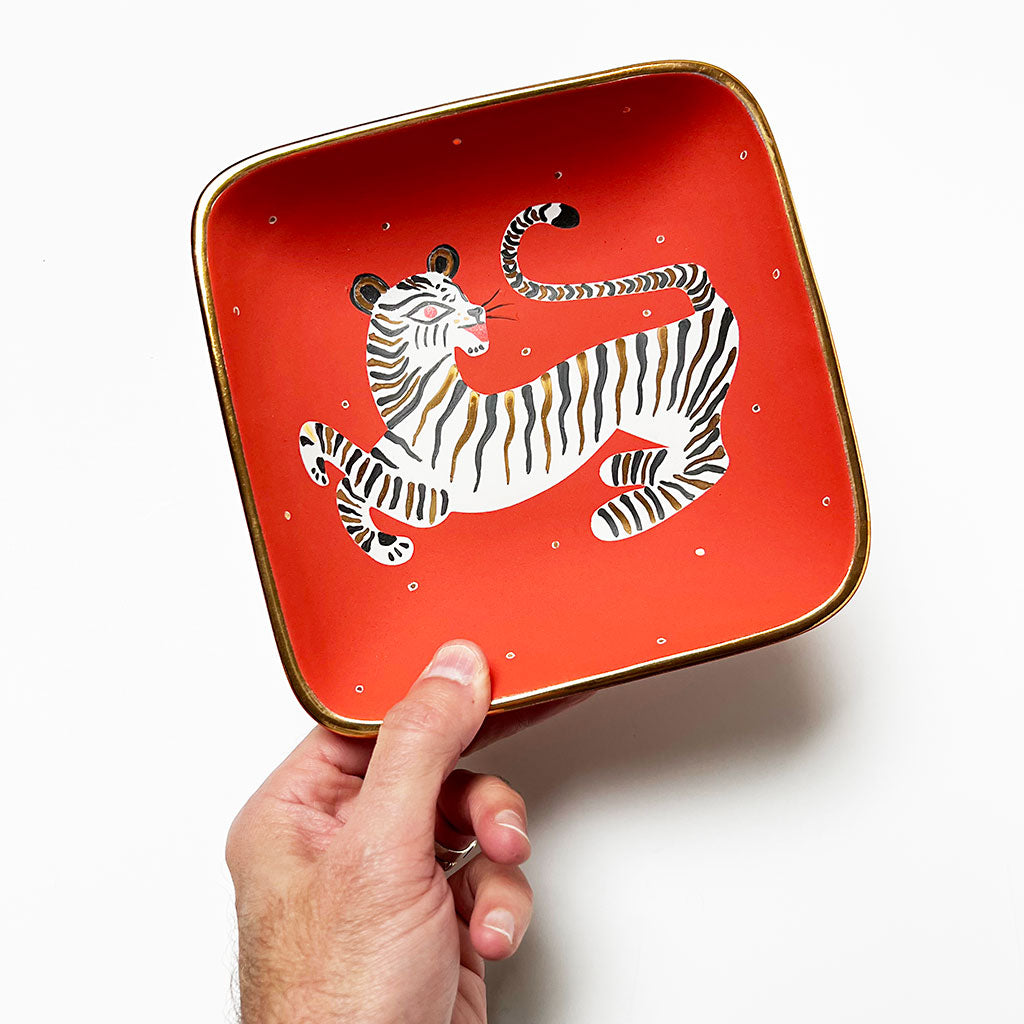 Waylande Gregory Square Dish with Tiger & Gold Dots Matte Orange ...